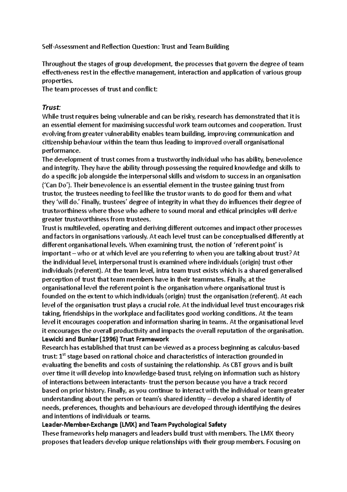 Trust and Conflict - Grade: HD - Self-Assessment and Reflection ...