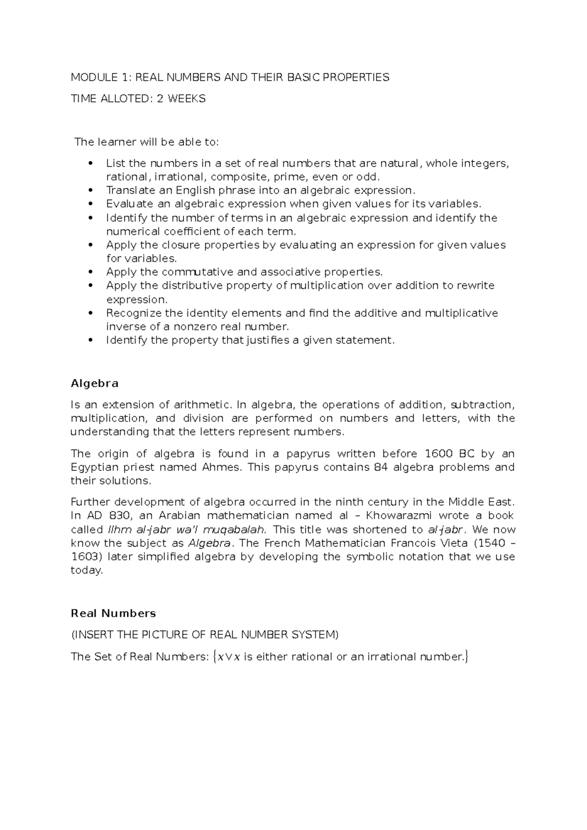 Module 1 - Real Numbers and Their Basic Properties - ####### MODULE 1 ...
