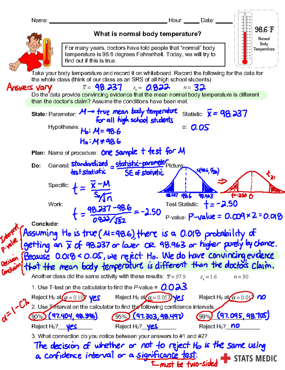 Stats Medic - Significance Test for a Mean Day 2 Answer Key - Name ...