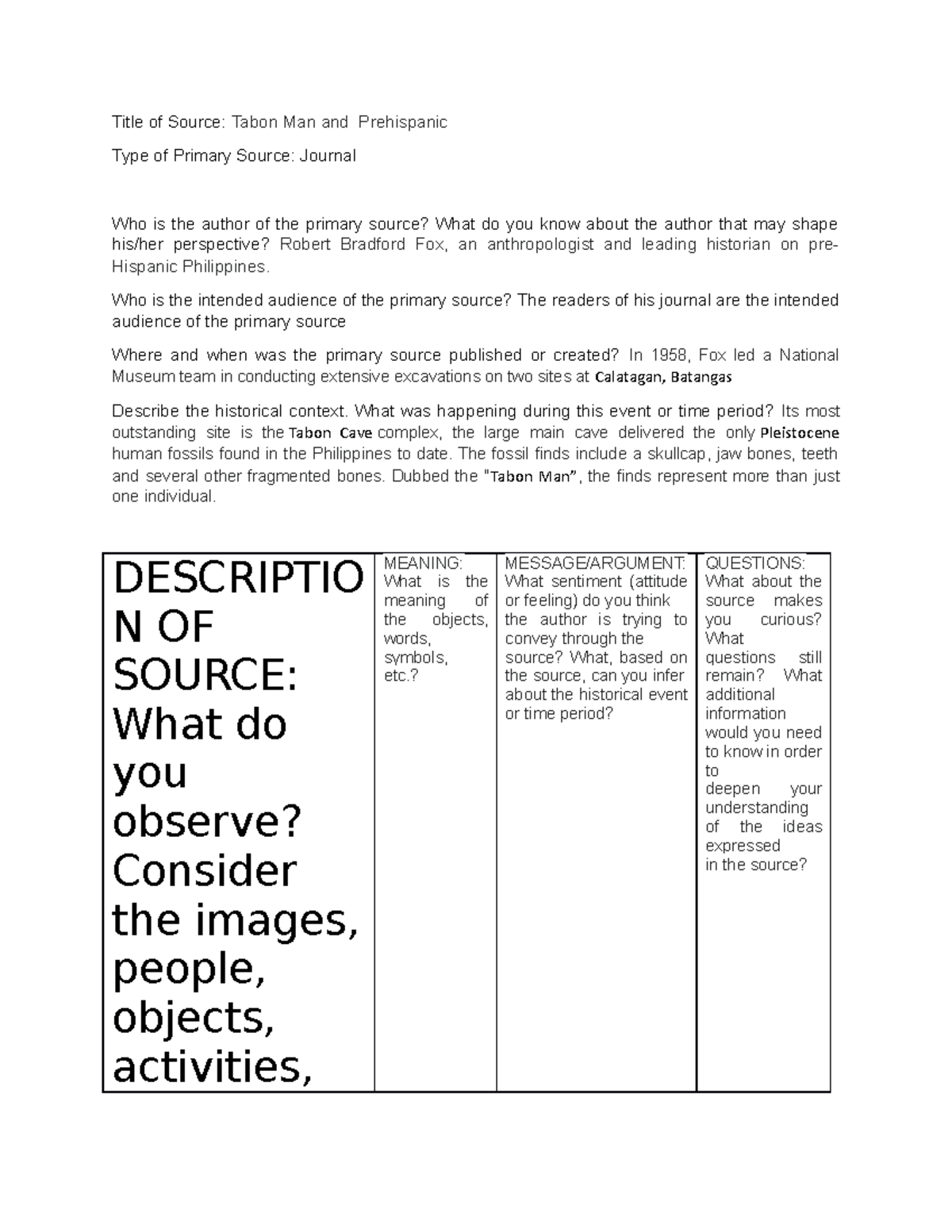Activity 6 Content and Contextual - Title of Source: Tabon Man and Prehispanic Type of Primary ...