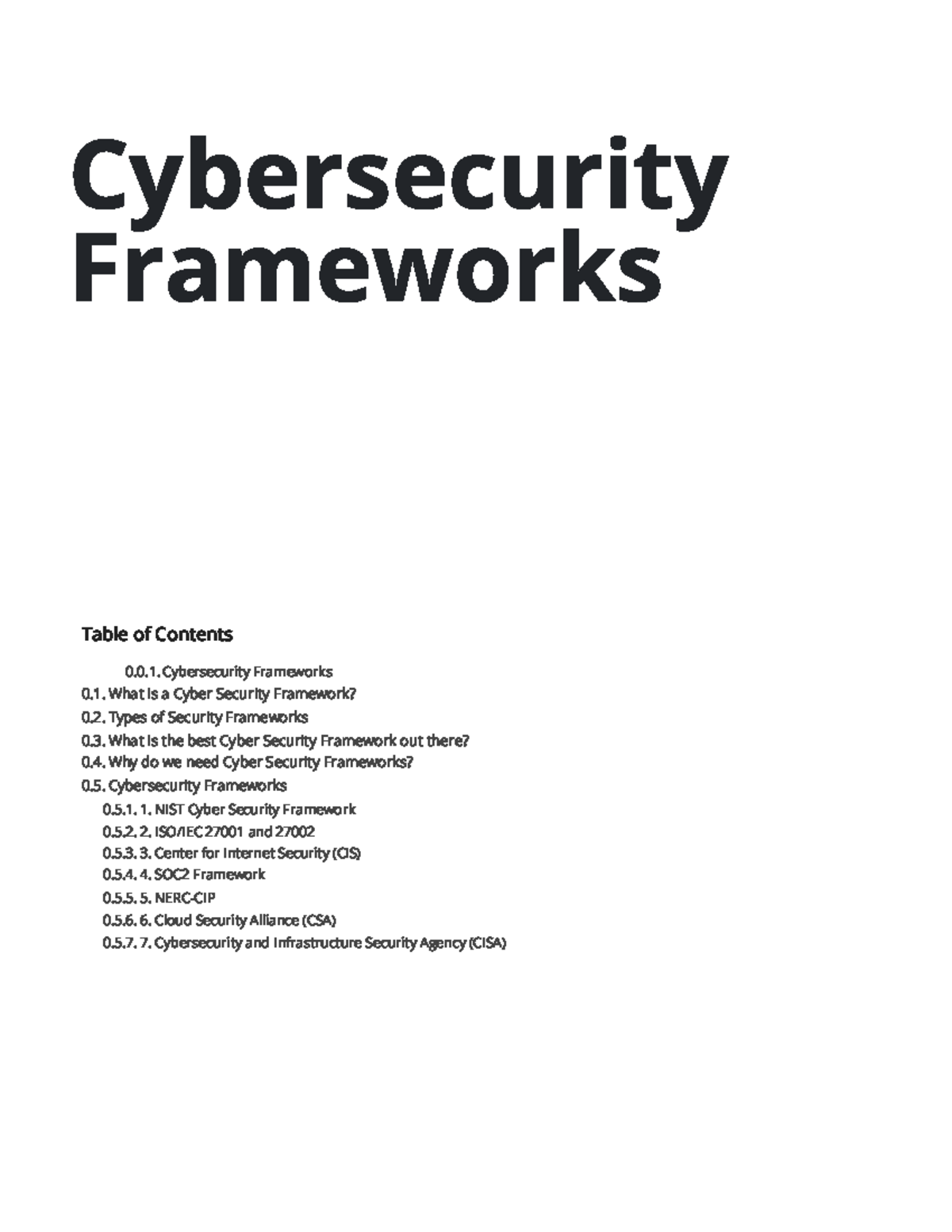 Cybersecurity Frameworks 1689262185 - Table of Contents 0.0 ...