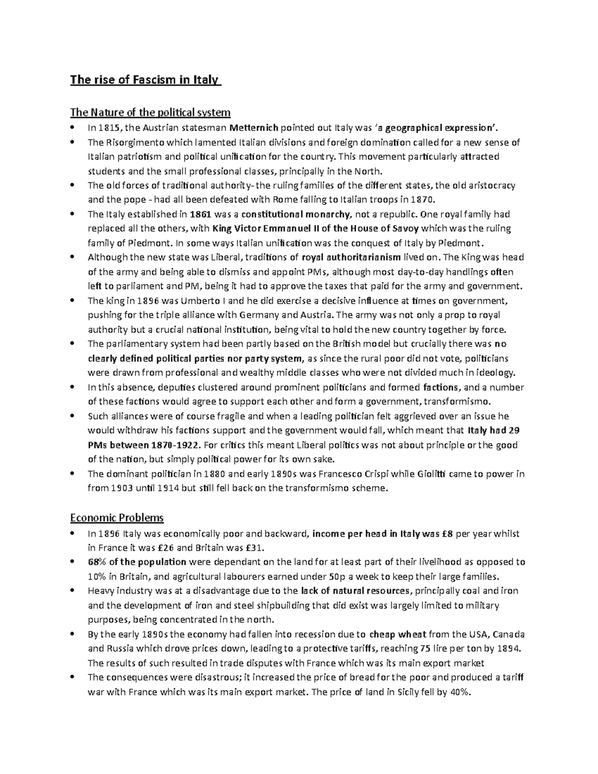 Italy revision notes - The rise of Fascism in Italy The Nature of the ...