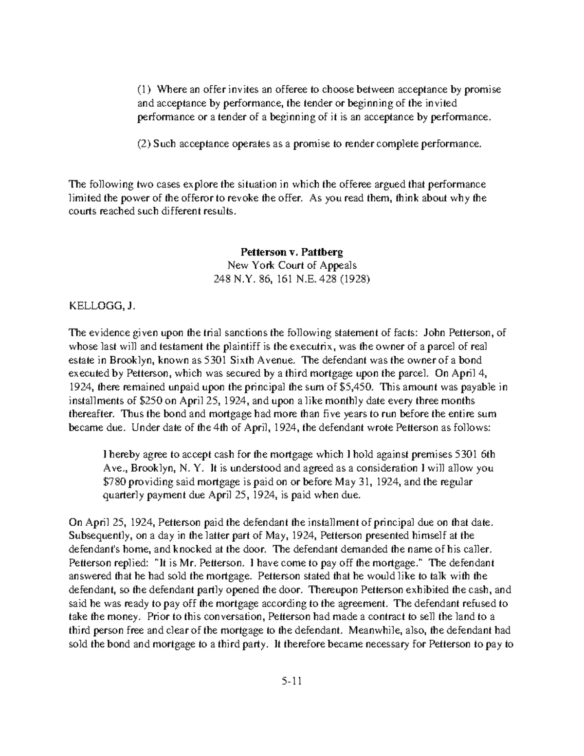 Petterson v. Pattberg - Anderson Fall 2022 - (1) Where an offer invites ...