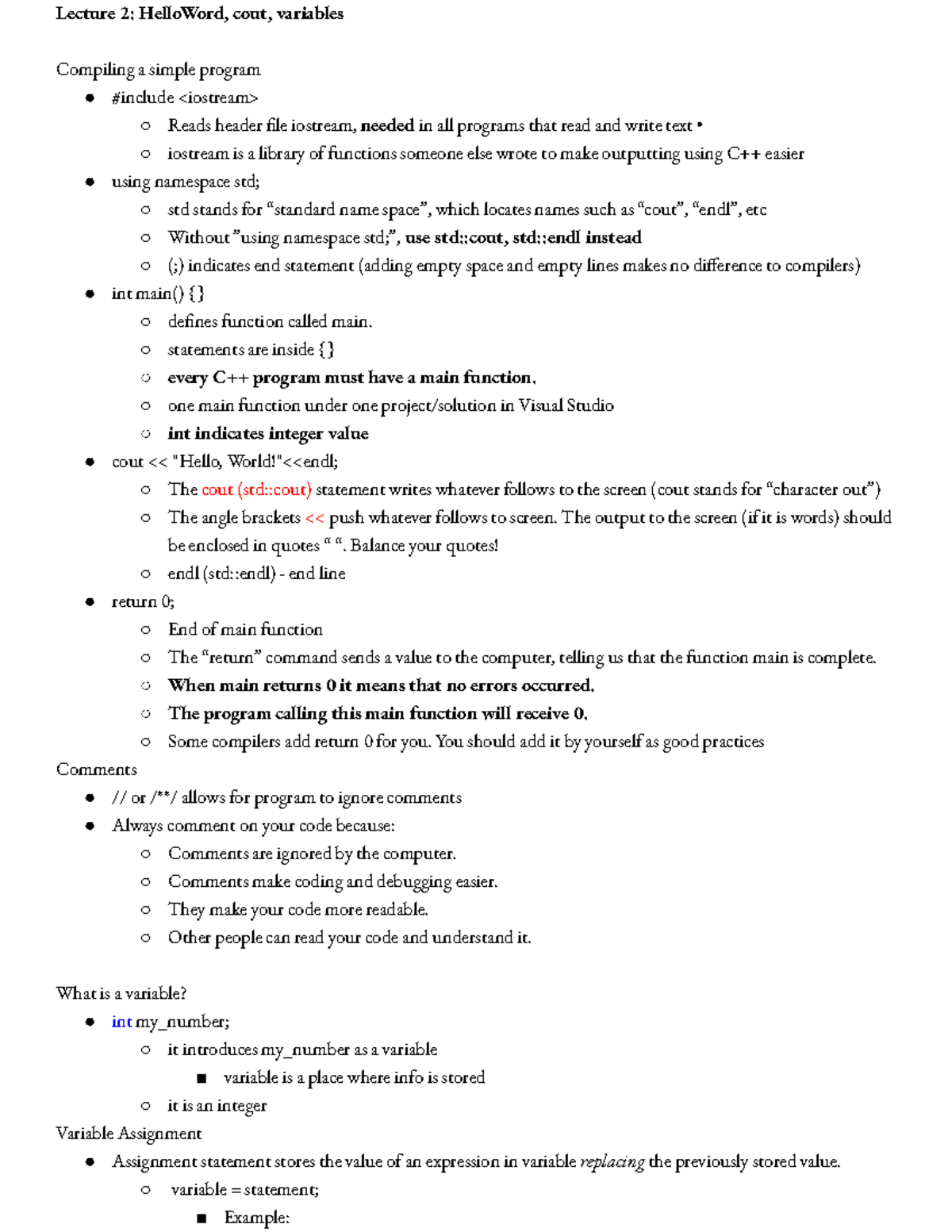 Computing 10A - Lecture notes - Lecture 2: HelloWord, cout, variables ...