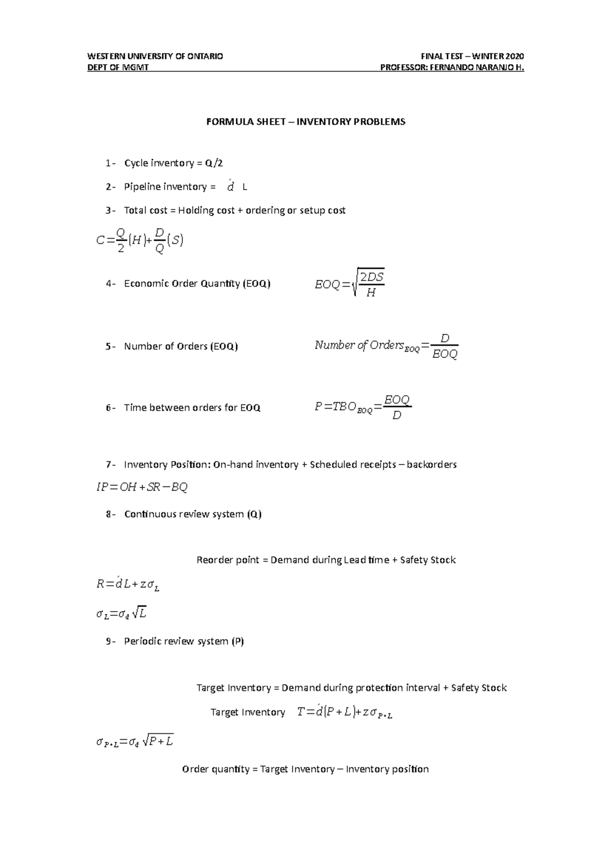Formula Sheet Inventory - Normal Distribution Table - WESTERN ...