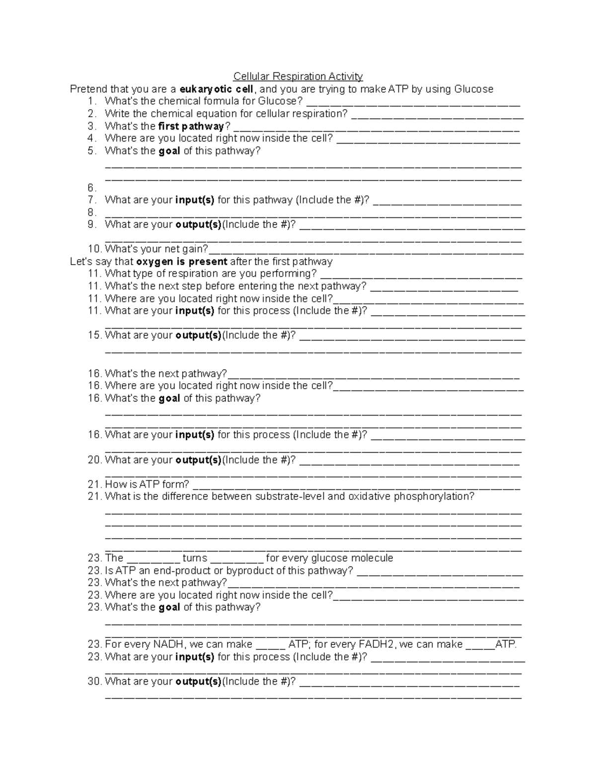Cellular Respiration Activity - Cellular Respiration Activity Pretend ...