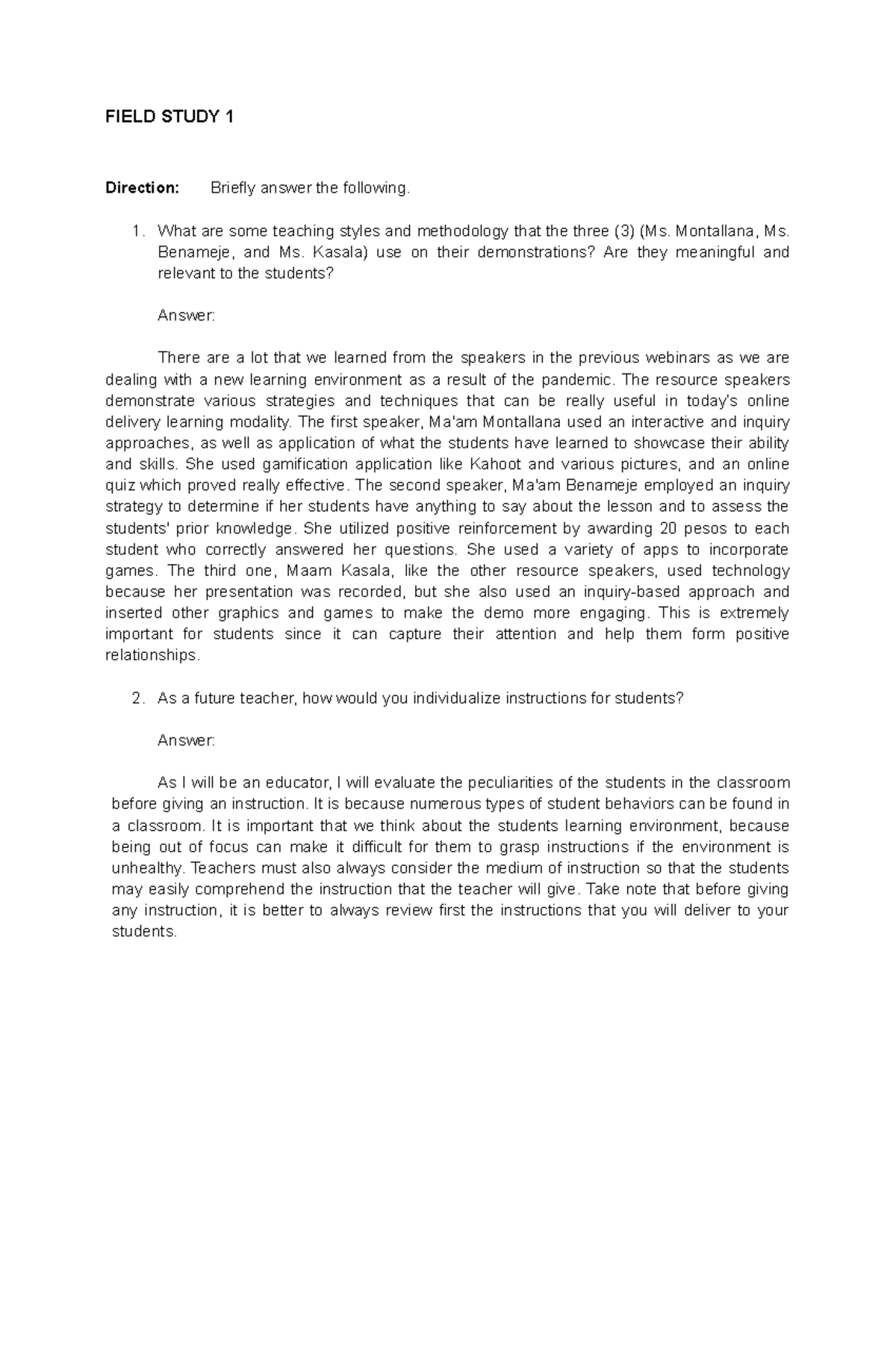 Field Study 5 - FIELD STUDY 1 Direction: Briefly answer the following ...