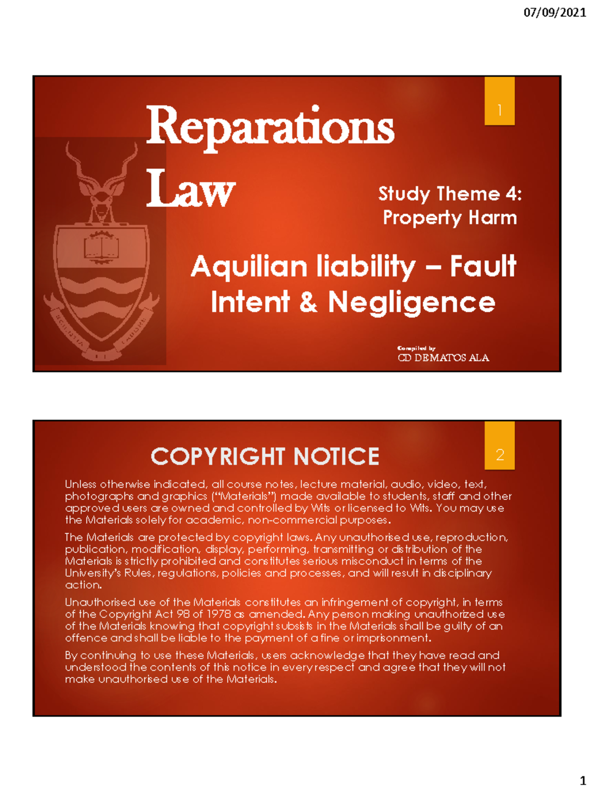 Lecture S02W03(1) Slides Fault-Intent & Negligence - Reparations Law ...