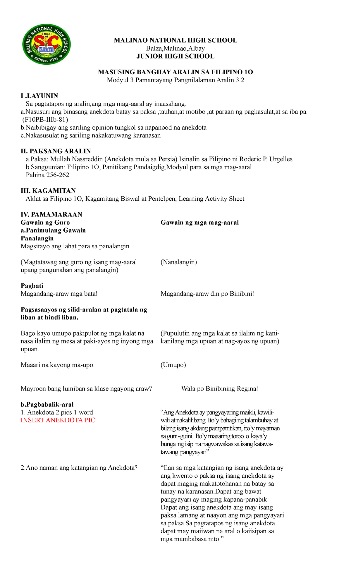 THIS ARE SOME EXAMPLES OF MASUSING BANGHAY ARALIN I MADE IN FILIPINO 10 ...