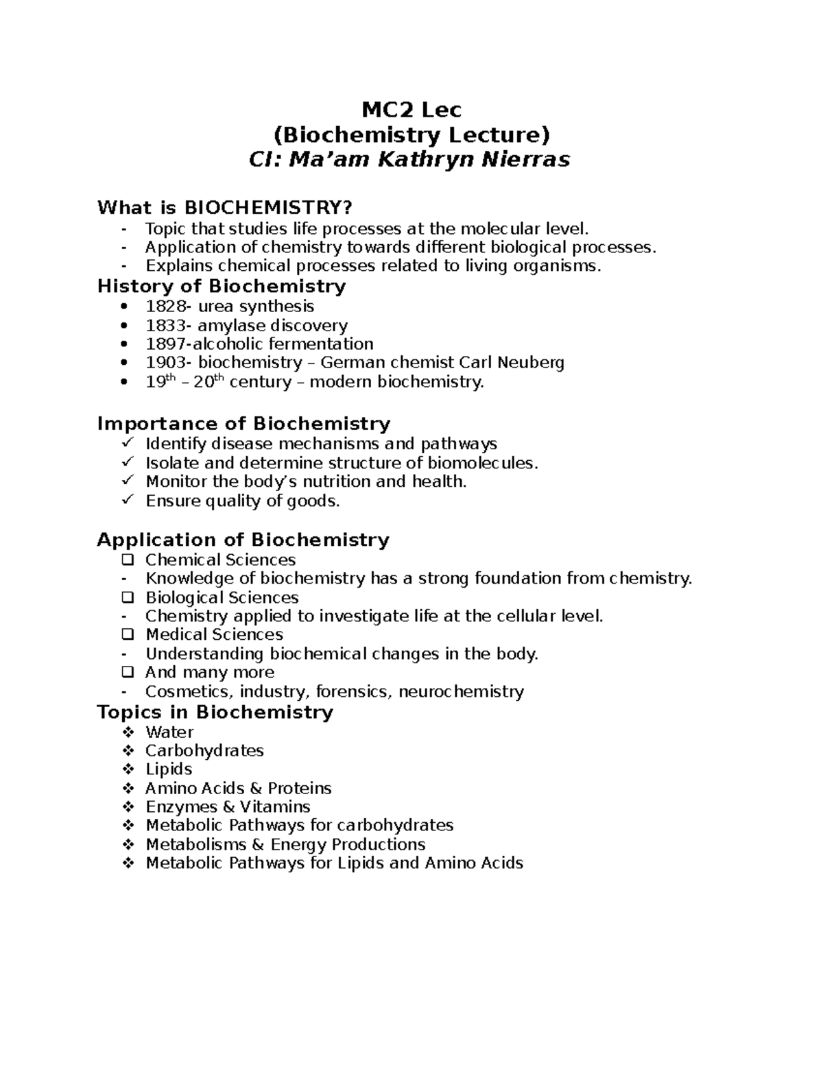 Biochemistry-Lecture - MC2 Lec (Biochemistry Lecture) CI: Ma’am Kathryn ...