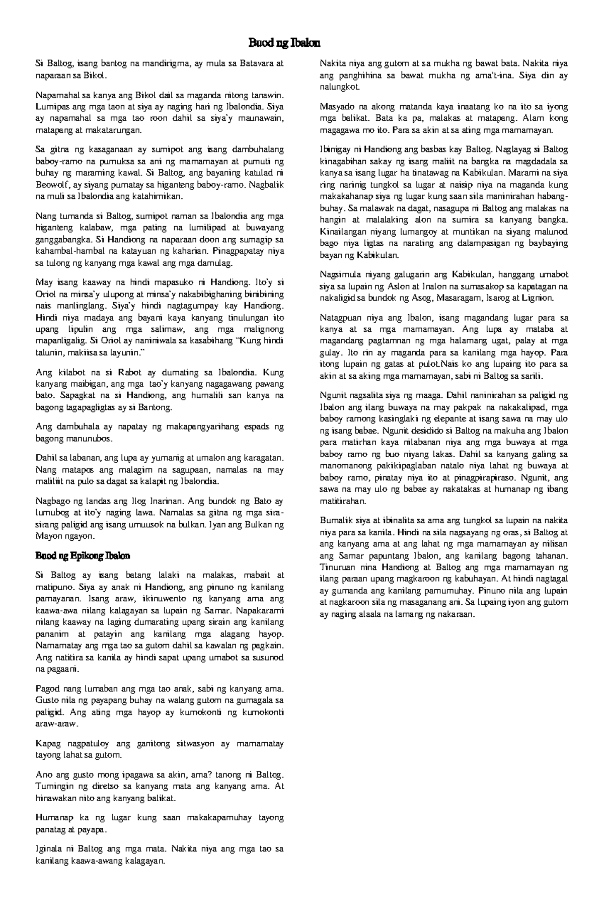 Buod ng Ibalon - Napamahal sa kanya ang Bikol dail sa maganda nitong ...