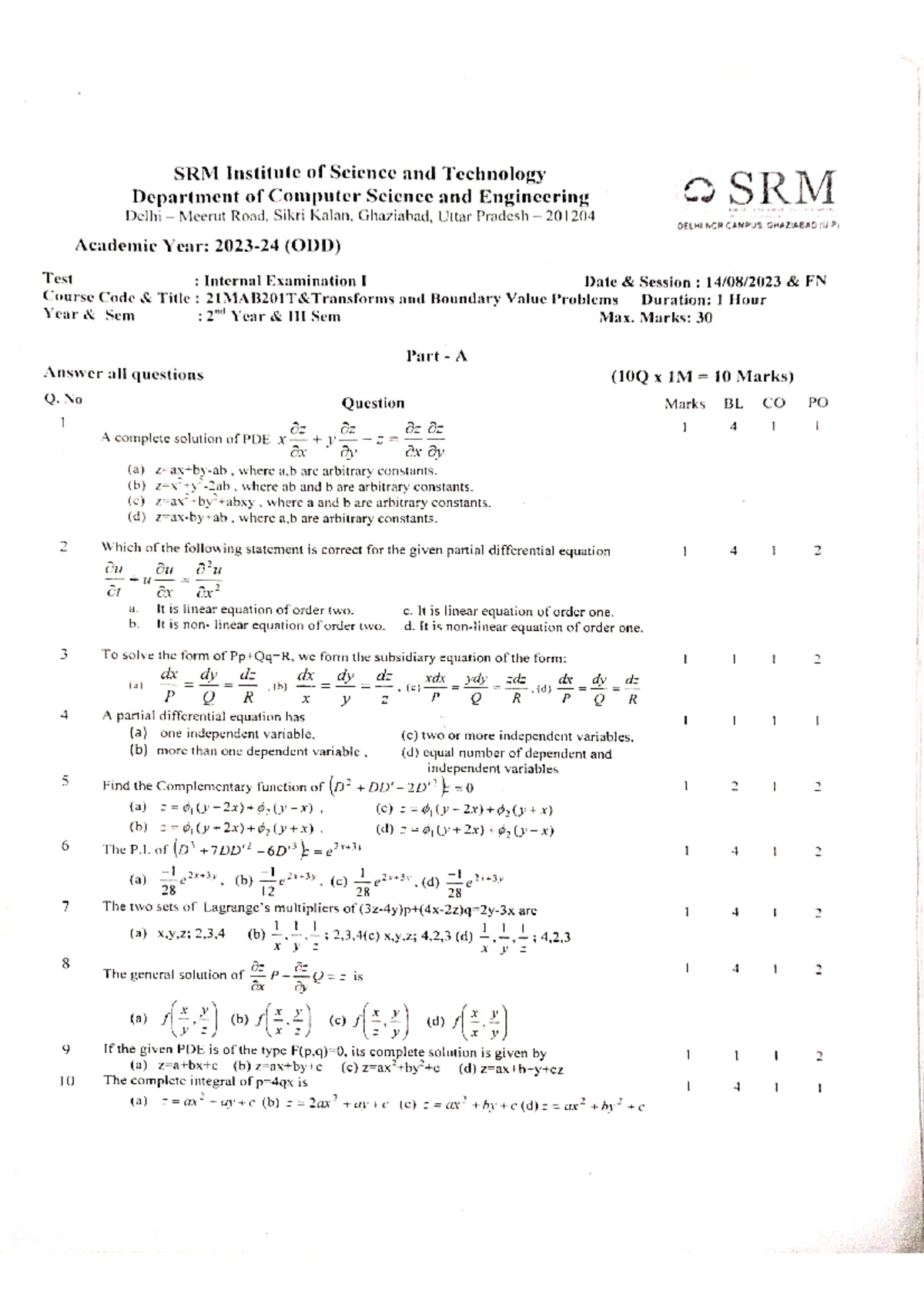 Maths sem3 all QPs - 123 - SRM Institute of Science and Technology ...