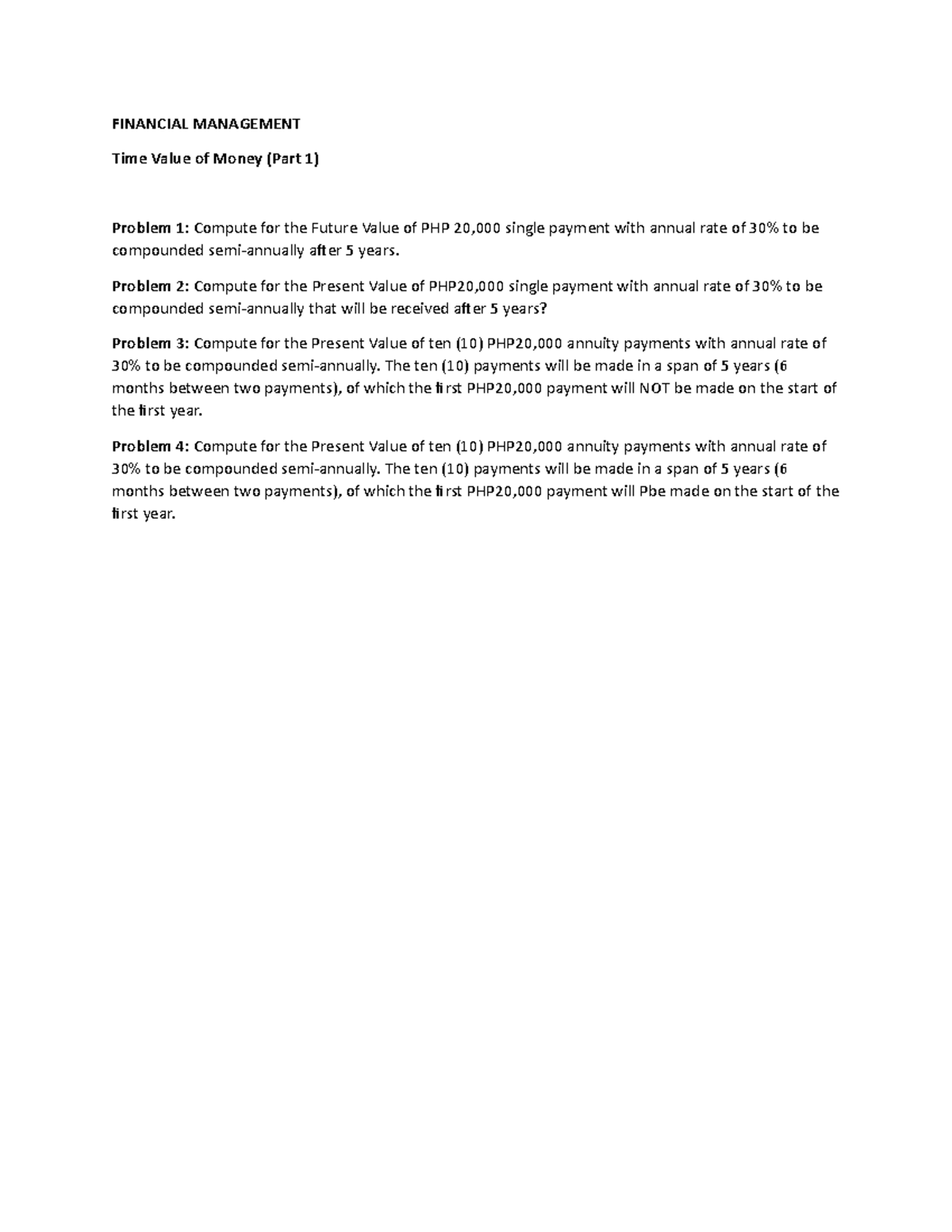 Time value of money - exercises (part 1) - FINANCIAL MANAGEMENT Time ...