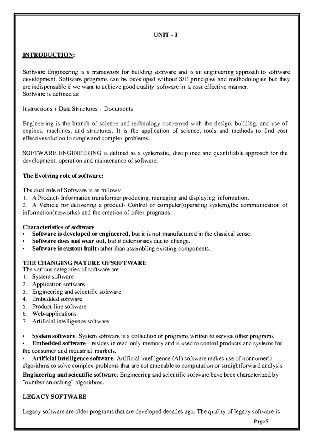 SE UNIT-1 - material to mca students - UNIT - I INTRODUCTION: Software Engineering is a ...