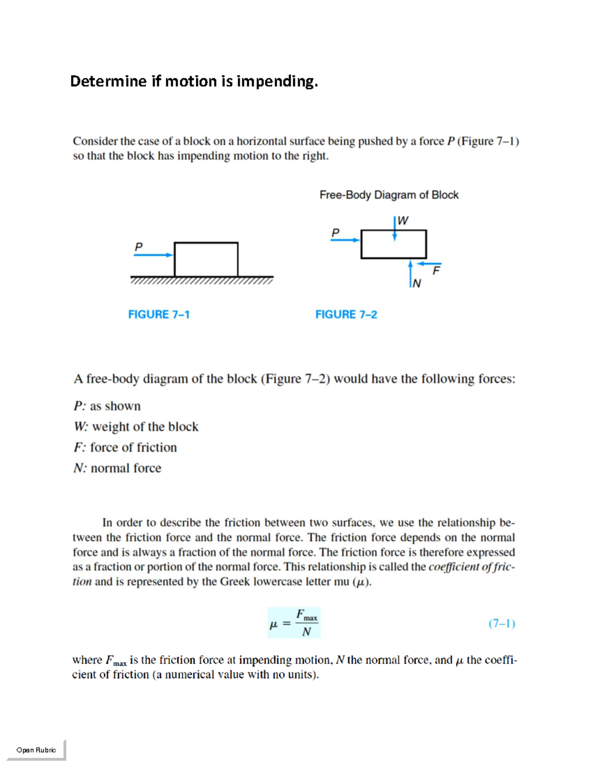 Friction - XXSS - Determine if motion is impending. Open Rubric 7 – 4 ...