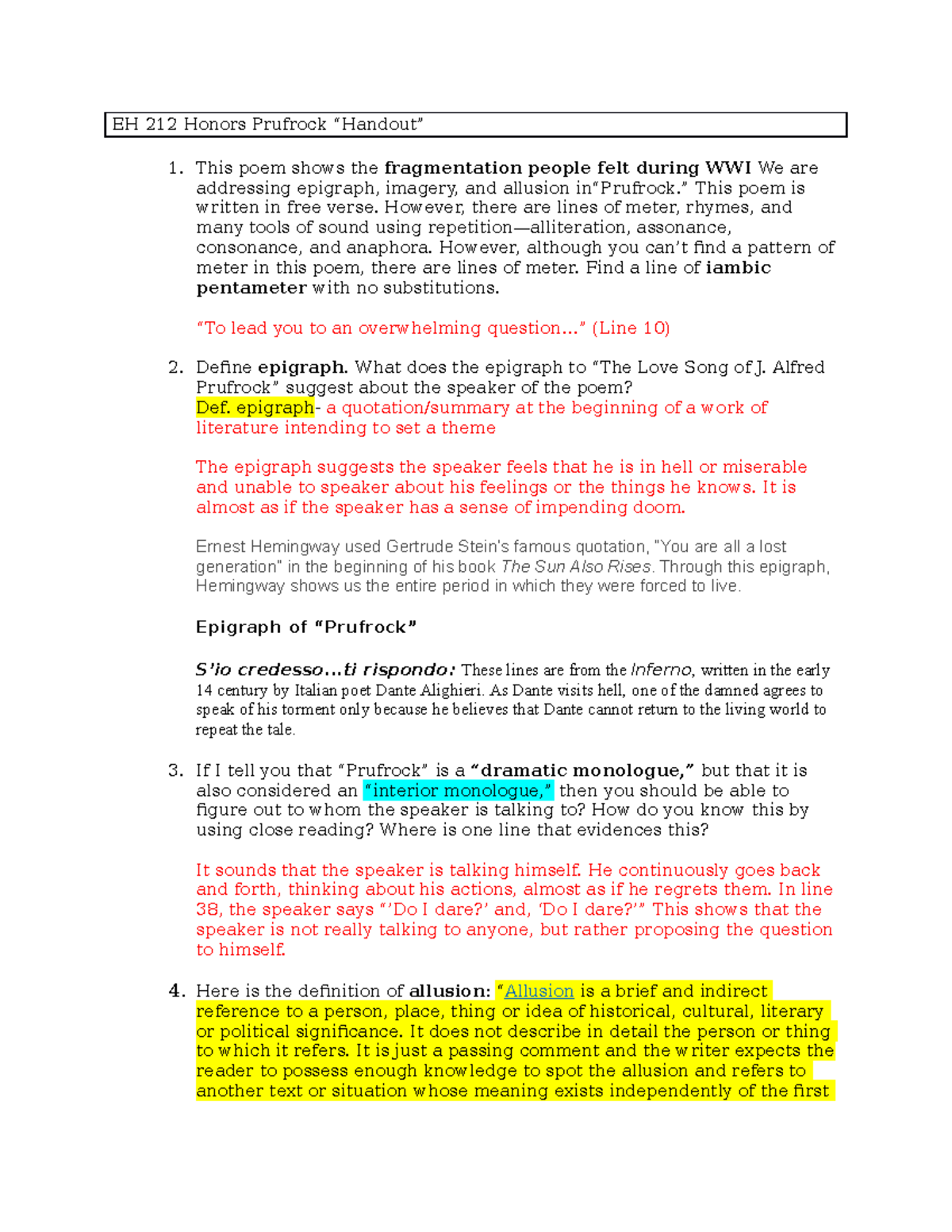 Prufrock Assignment - EH 212 Honors Prufrock “Handout” This poem shows ...