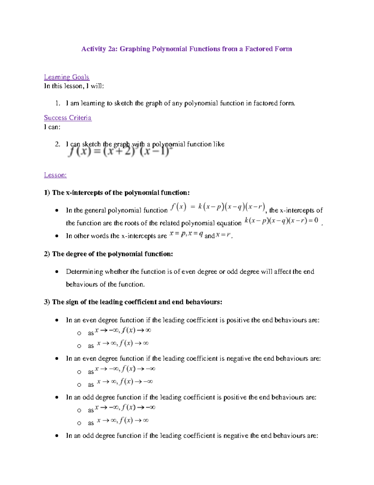 Activity 2a - math note - Activity 2a: Graphing Polynomial Functions ...