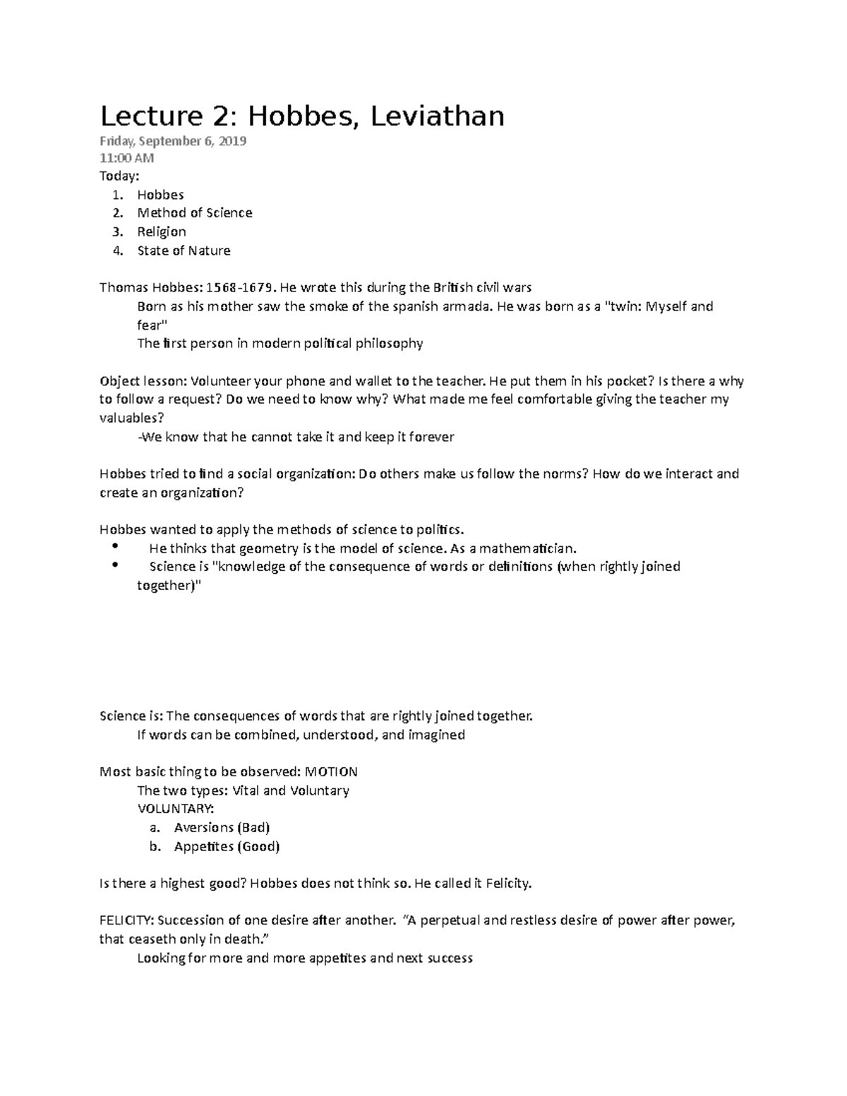 Lecture 2 - Professor Davis in Poli 202 - Lecture 2: Hobbes, Leviathan ...