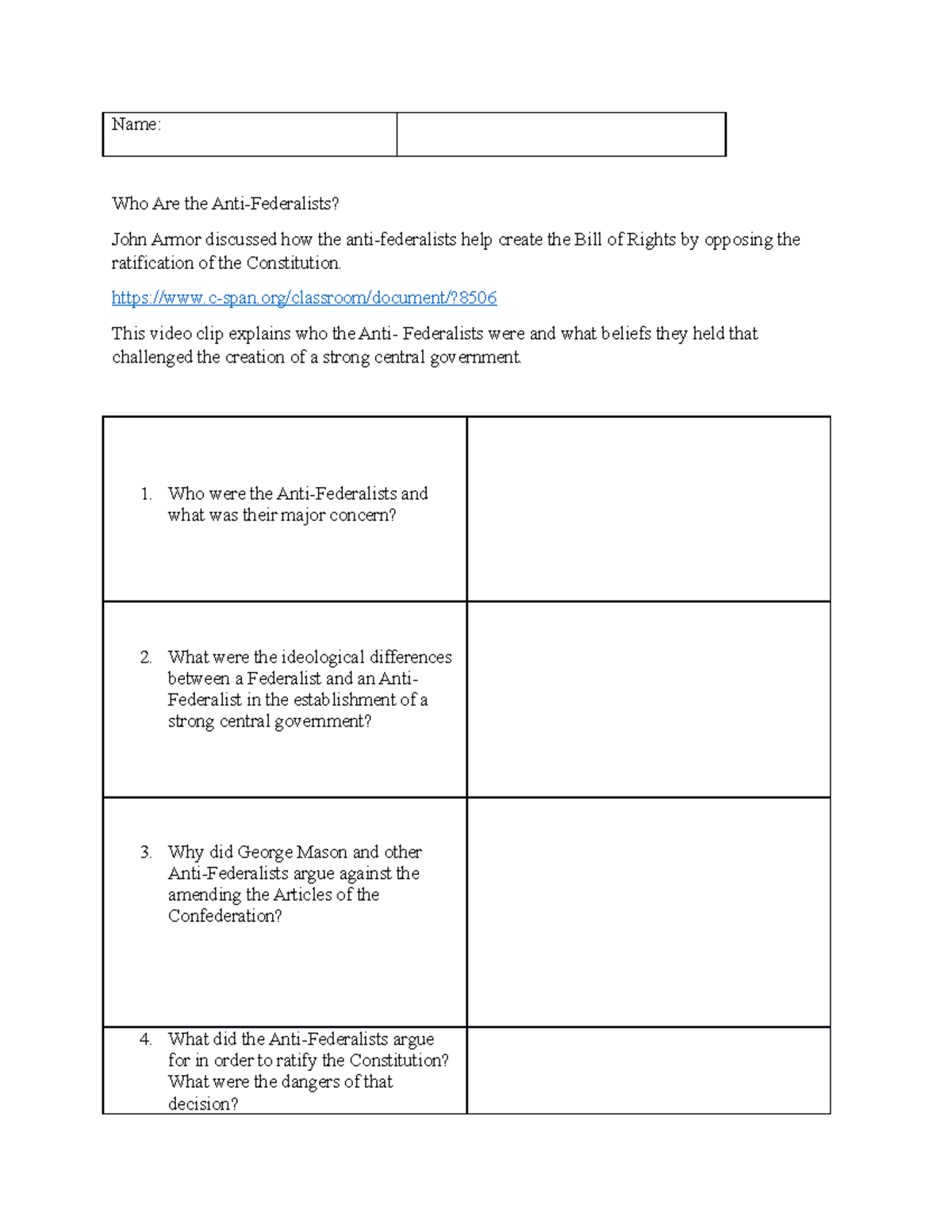 Antifederalist- Worksheet (Bell Work) - Name: Who Are the Anti ...