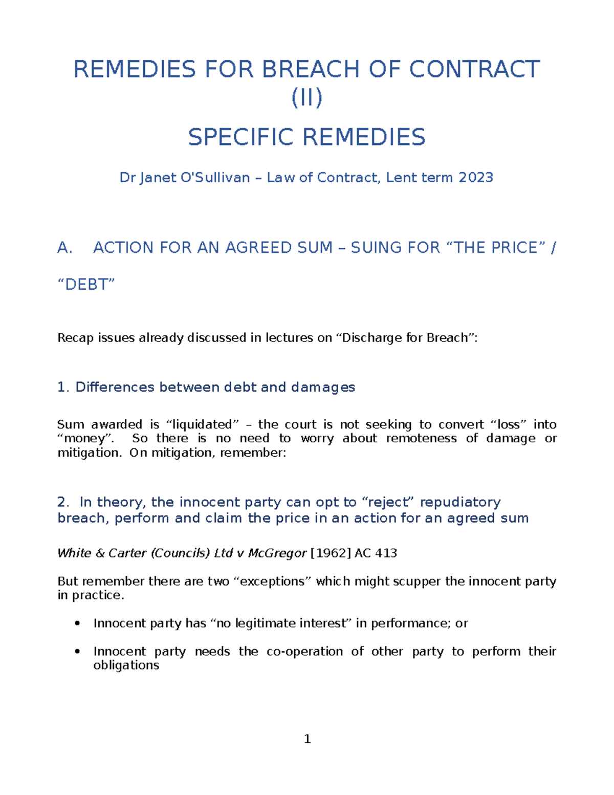 Contract handout 2023 - Remedies (II) Specific Remedies - REMEDIES FOR ...
