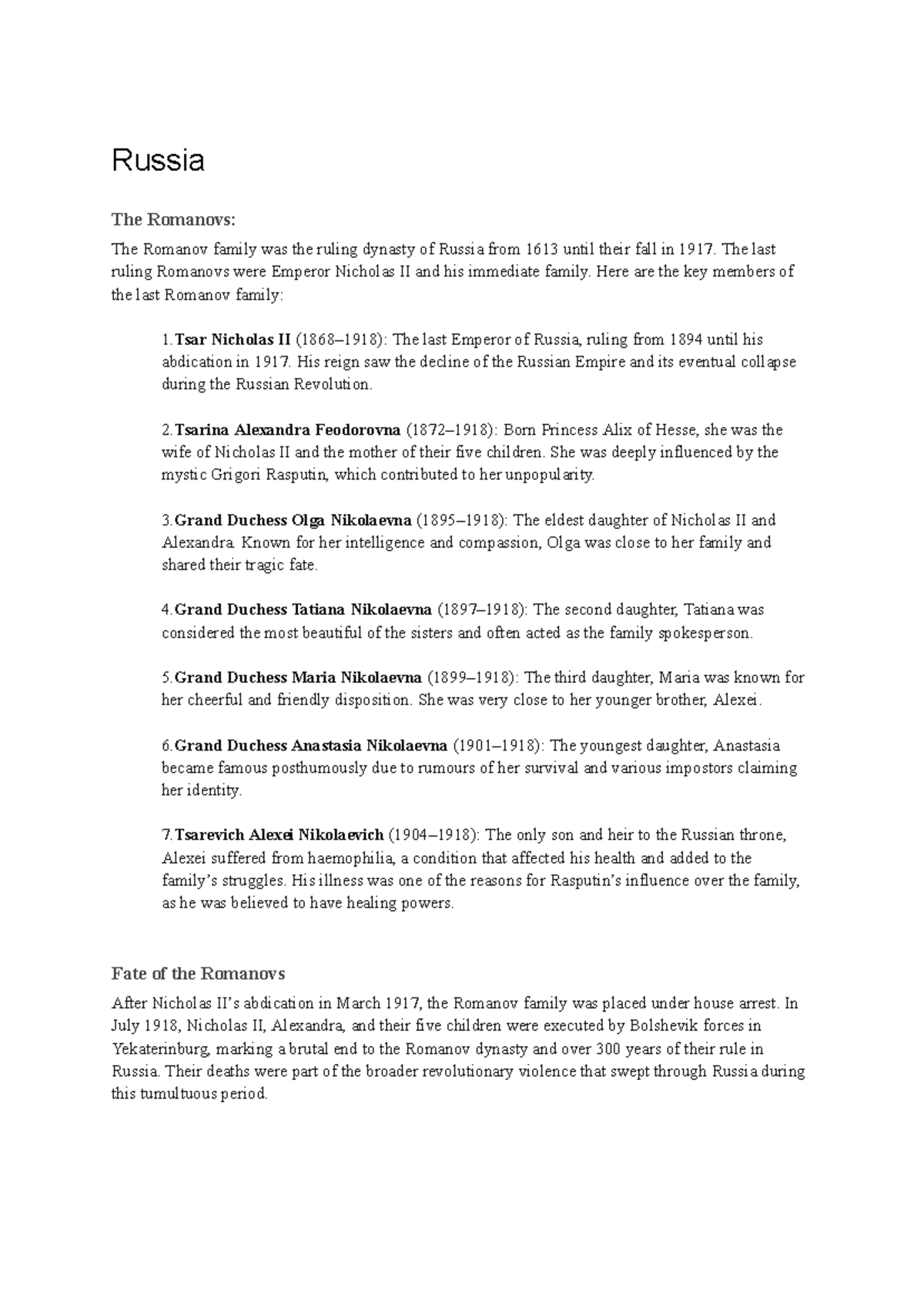 Modern history notes - Russia The Romanovs: The Romanov family was the ...