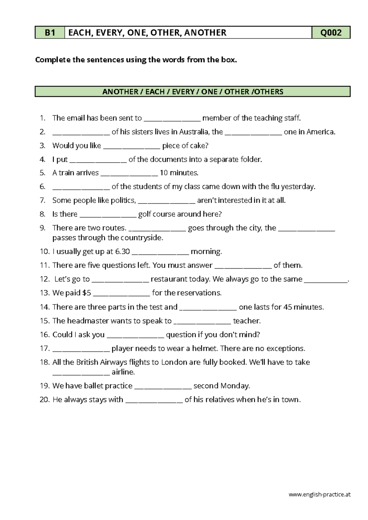 Quantifiers worksheet - each, every, one, other, another - english ...