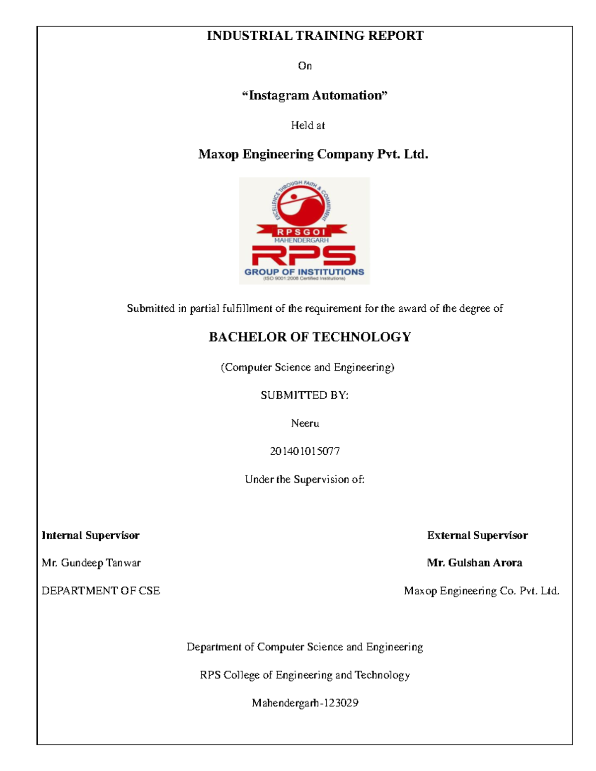 Industrial Training Report Final - INDUSTRIAL TRAINING REPORT On ...