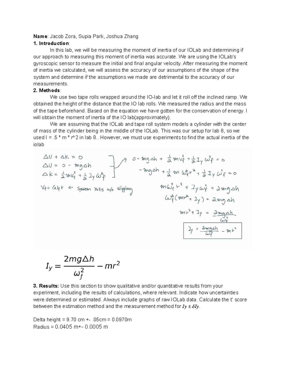 PHYS 211 Lab 9 - Physics lab 9 - Name: Jacob Zora, Supia Park, Joshua ...