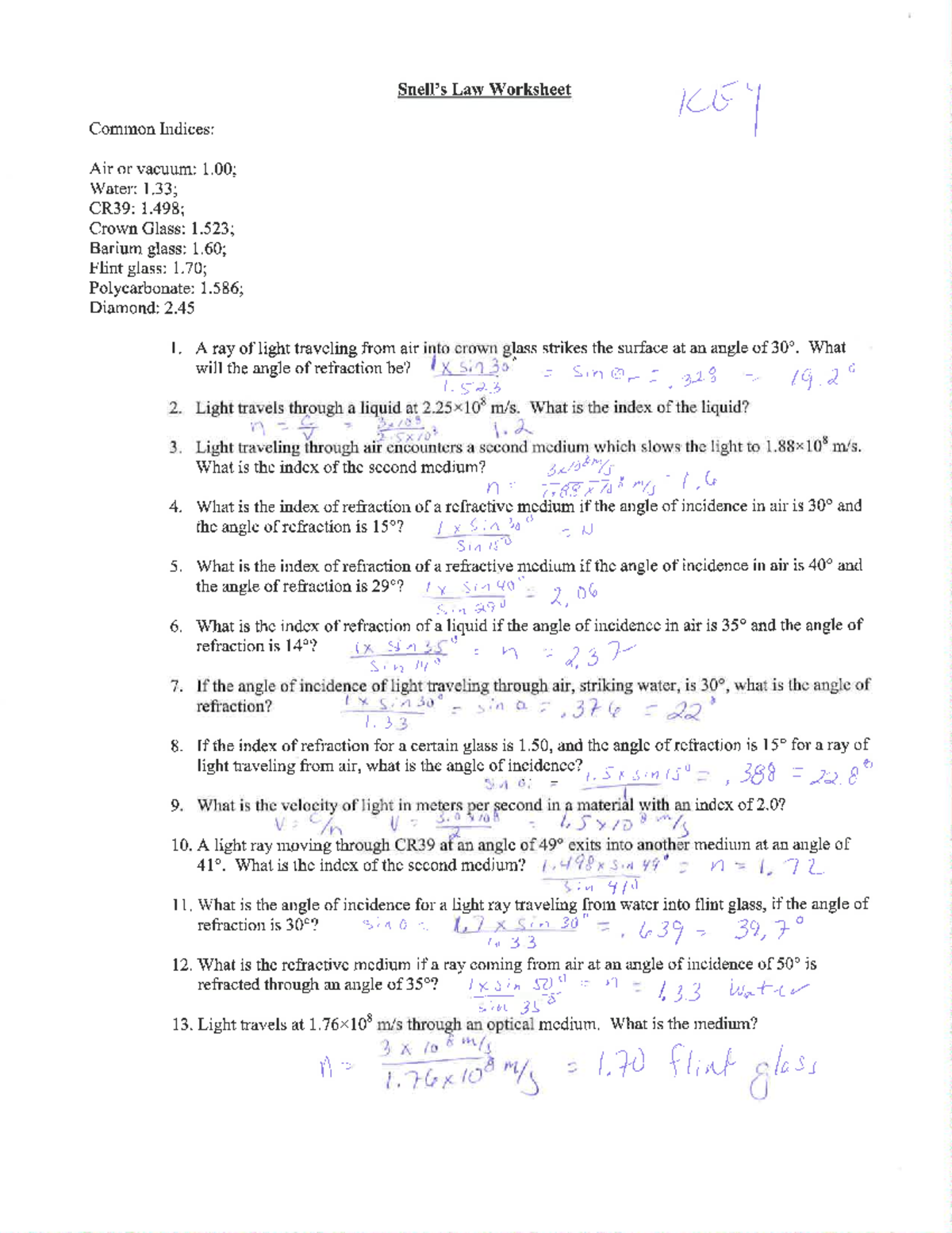 Law Worksheet and answers - Law Worksheet KEY Common Indices: Air or ...