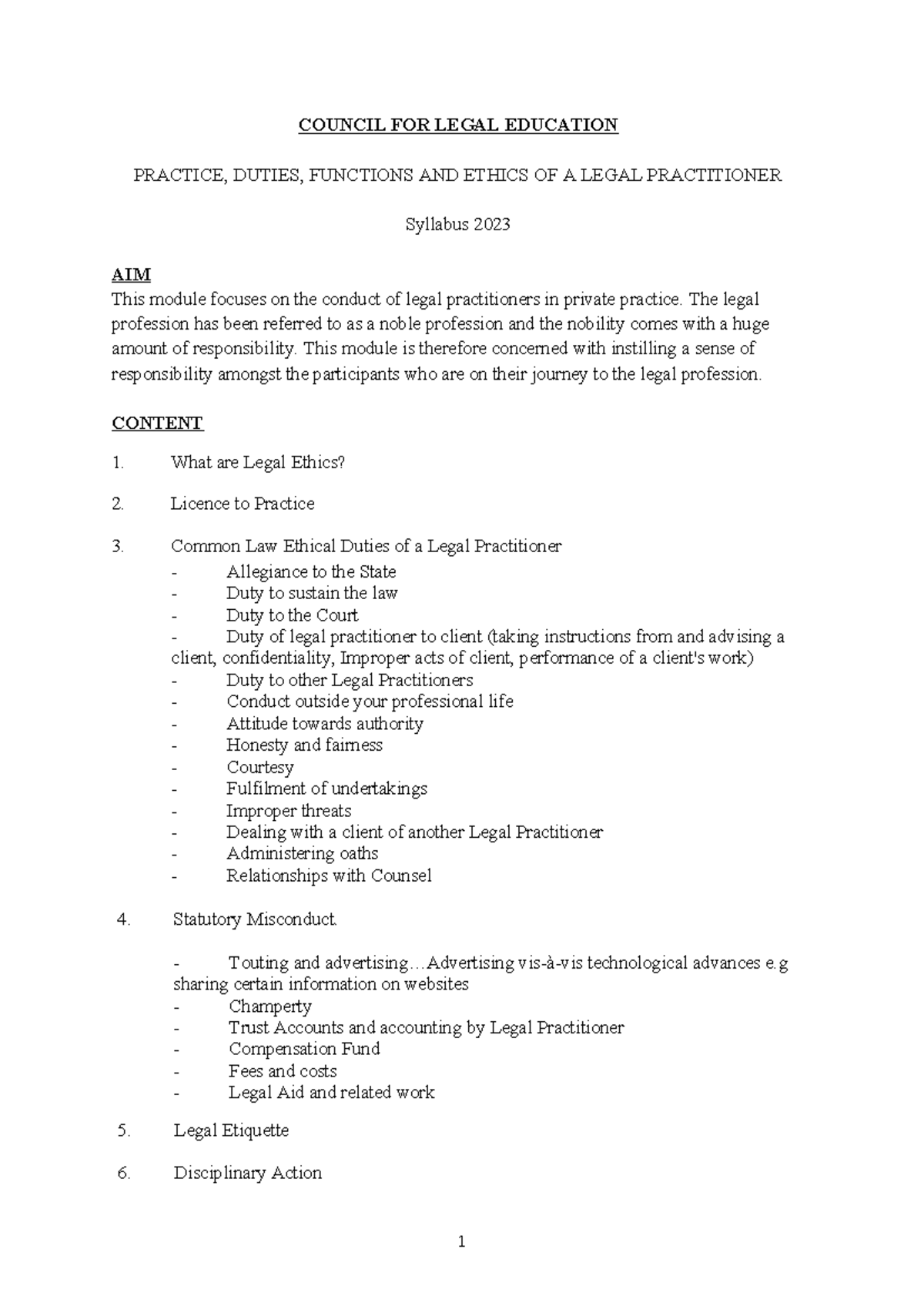 CLE Ethics Syllabus 2023 - COUNCIL FOR LEGAL EDUCATION PRACTICE, DUTIES ...