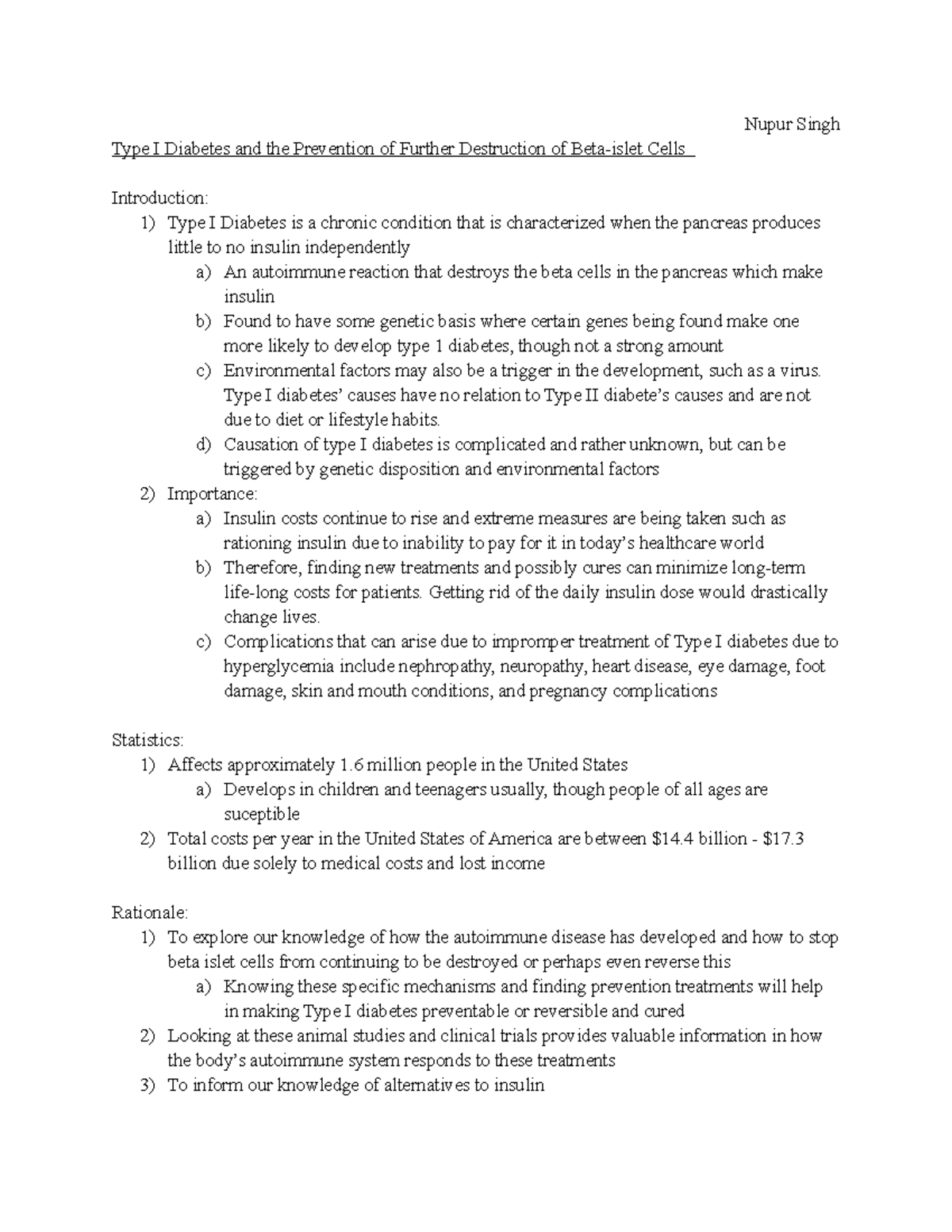 Final Outline for Ted Talk and Paper - Nupur Singh Type I Diabetes and ...