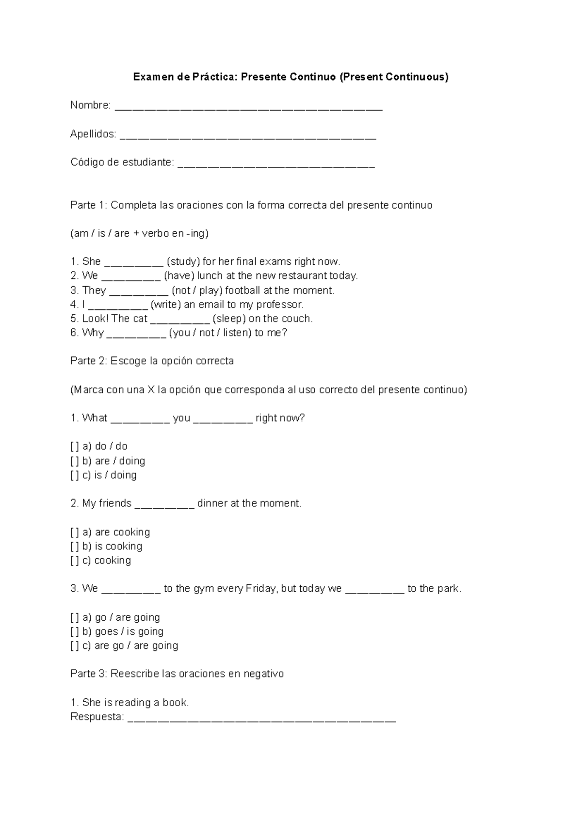 Examen de Práctica- Presente Continuo (Present Continuous) - Examen de Práctica: Presente ...