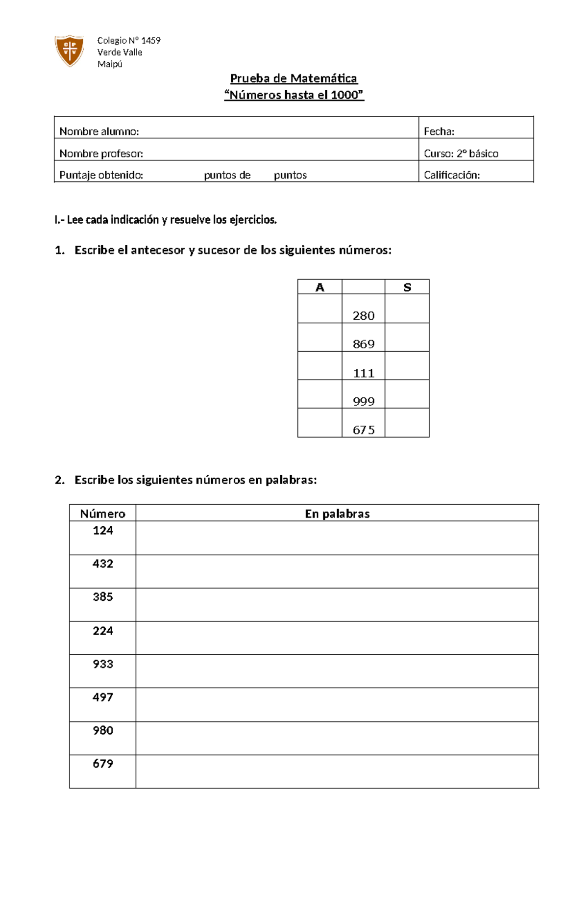 361892181 Prueba Matematica 2 Numeros Hasta EL 1000 - Colegio Nº 1459 ...