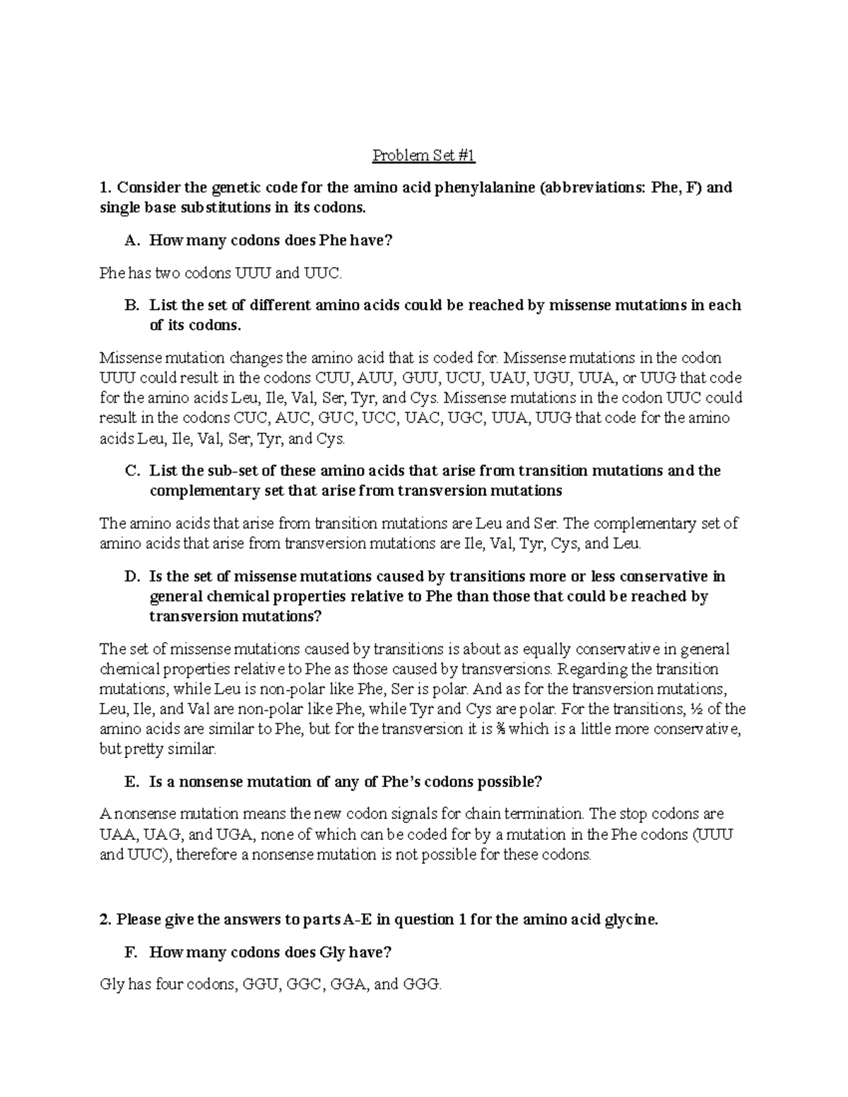 Problem Set 1 Assignment - Problem Set # 1. Consider the genetic code for the amino acid - Studocu