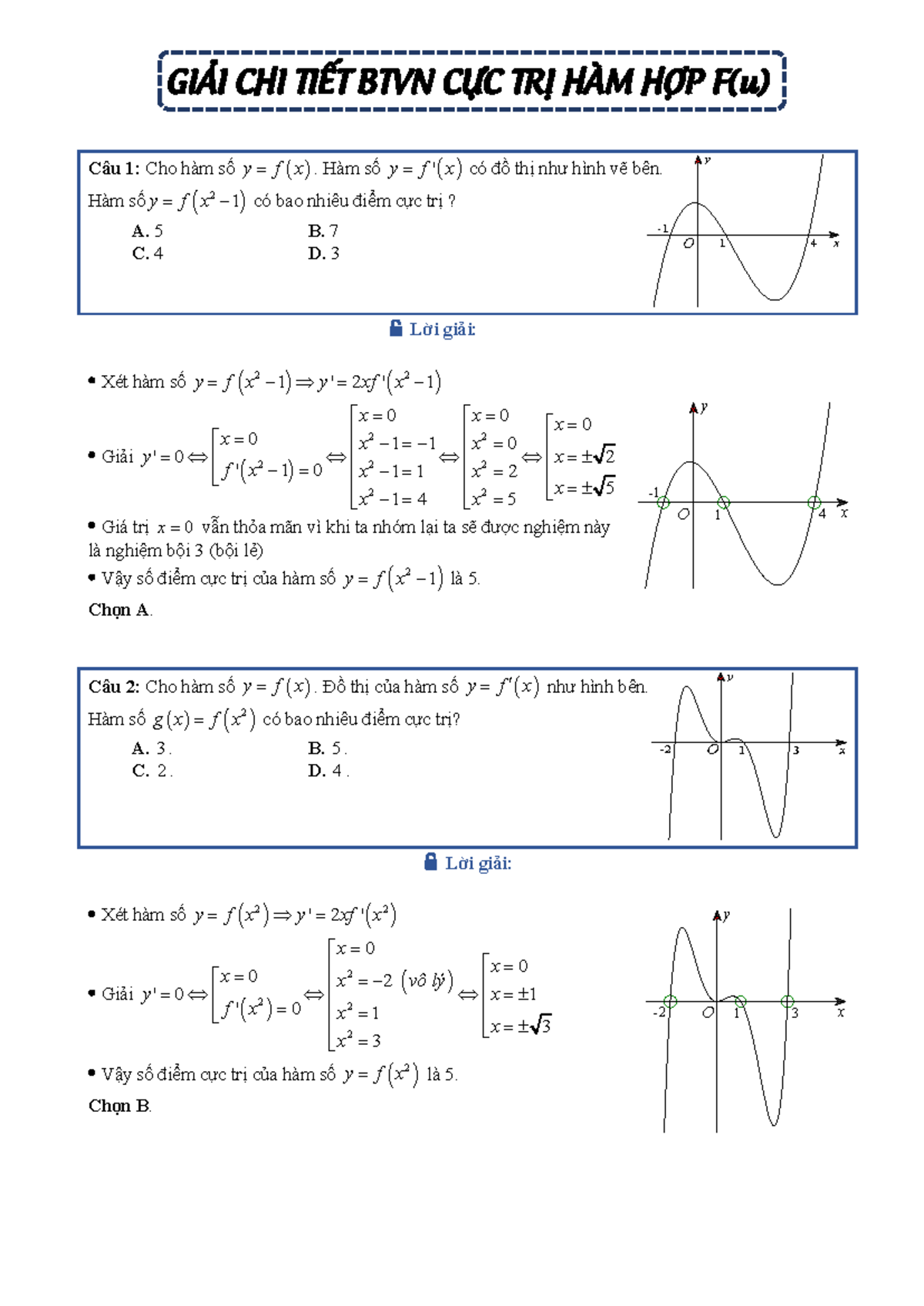 1 - bbvvv - Câu 1: Cho hàm số y f x . Hàm số y f ' x có đồ thị như hình ...