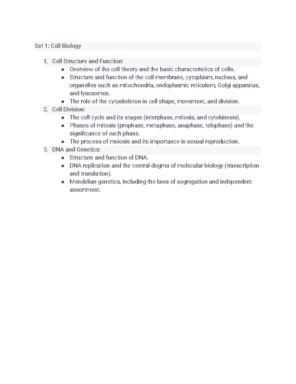 General Bio. Set 1 Cell Biology - Set 1: Cell Biology Cell Structure ...