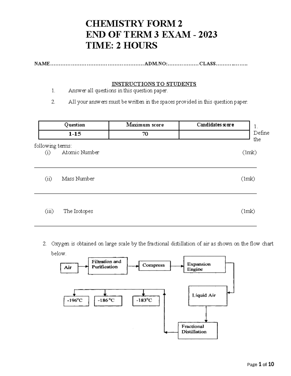 CHEM-F2-QN - Practice questions for chemistry - CHEMISTRY FORM 2 END OF TERM 3 EXAM - 202 3 TIME ...