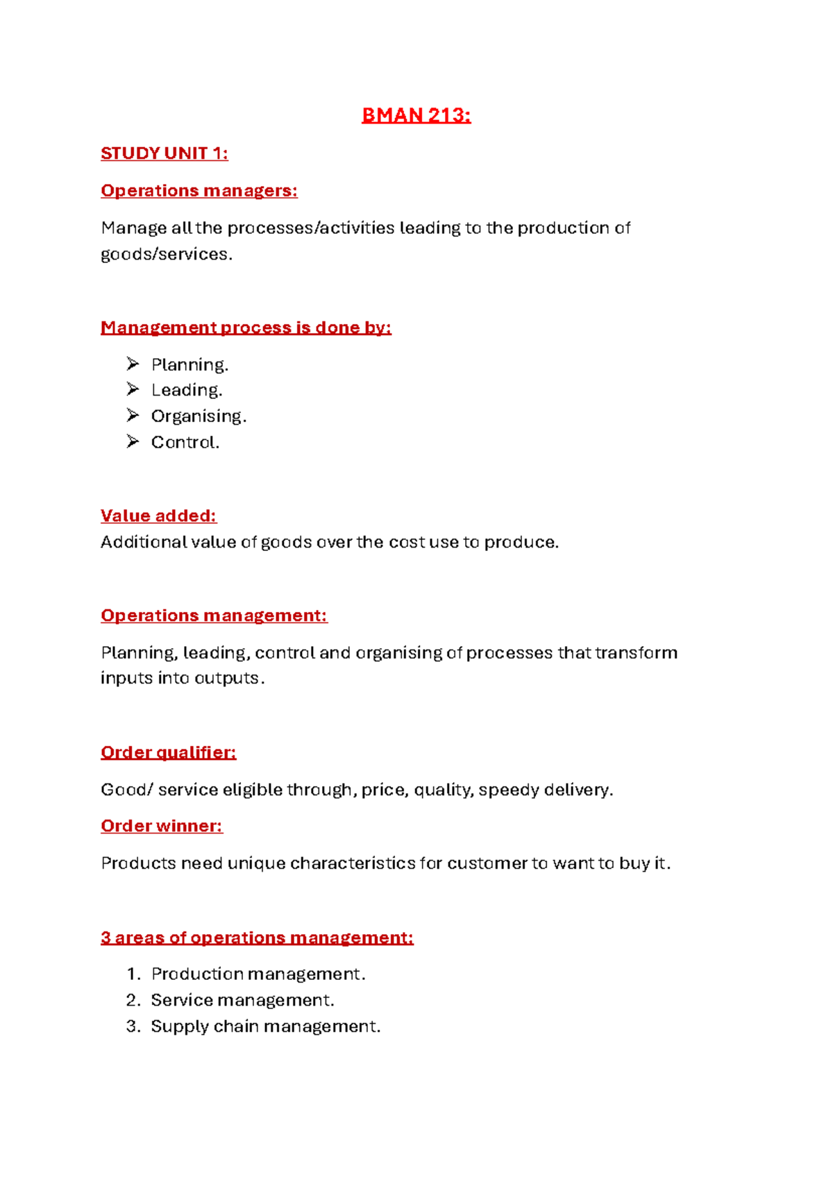 BMAN 213 notas semester - BMAN 213: STUDY UNIT 1: Operations managers ...