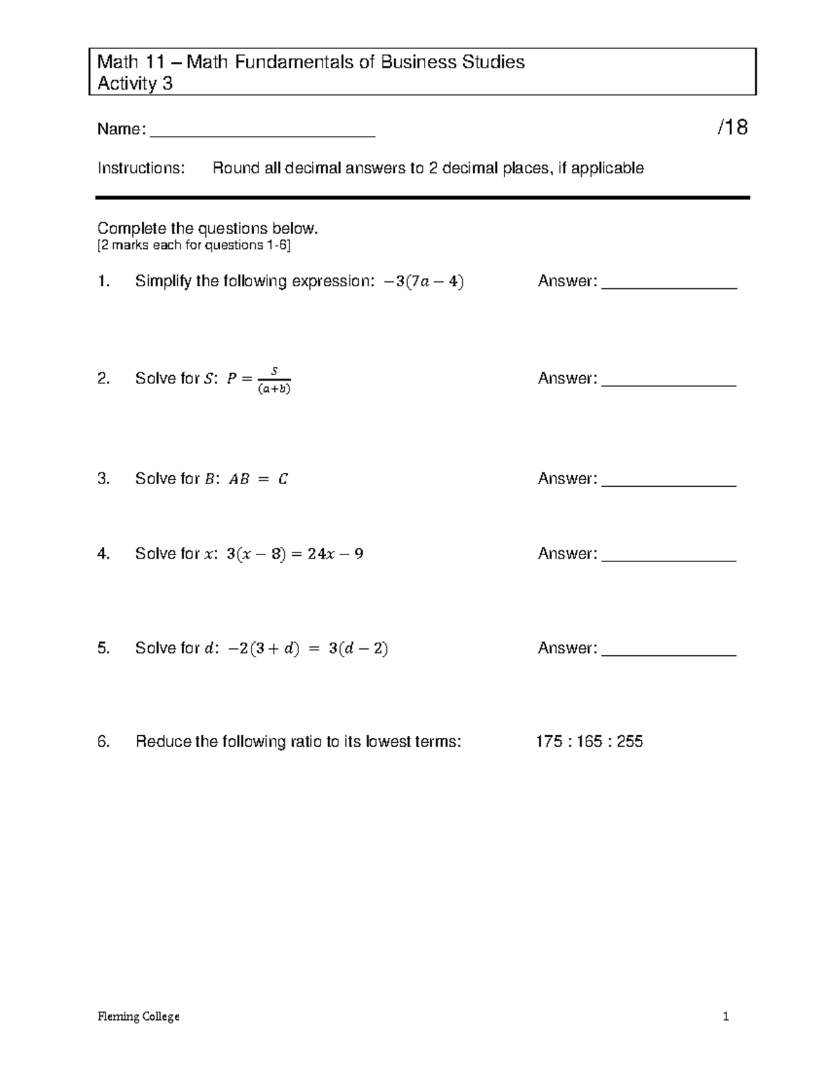 Activity 3 - Math 11 – Math Fundamentals of Business Studies Activity 3 ...