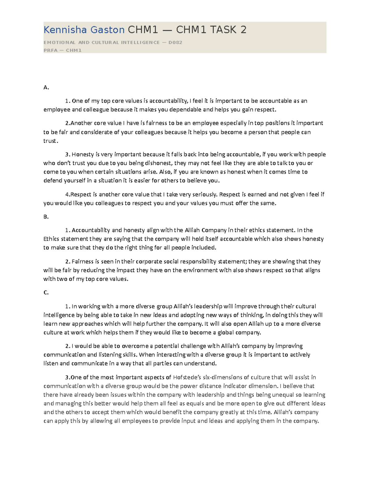 Emotional Intelligence Task 2 - Kennisha Gaston CHM1 — CHM1 TASK 2 ...