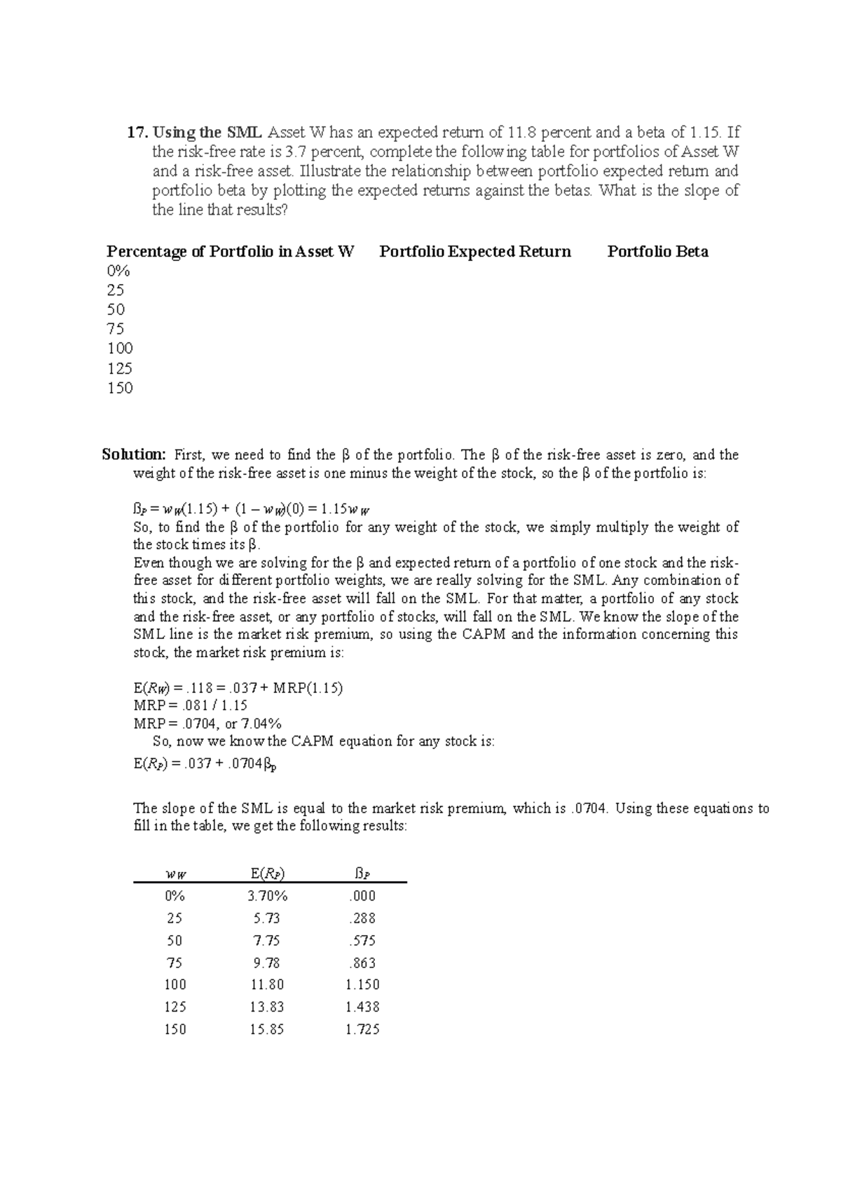 Return, Risk and SML 8 Solution - Using the SML Asset W has an expected return of 11 percent and ...
