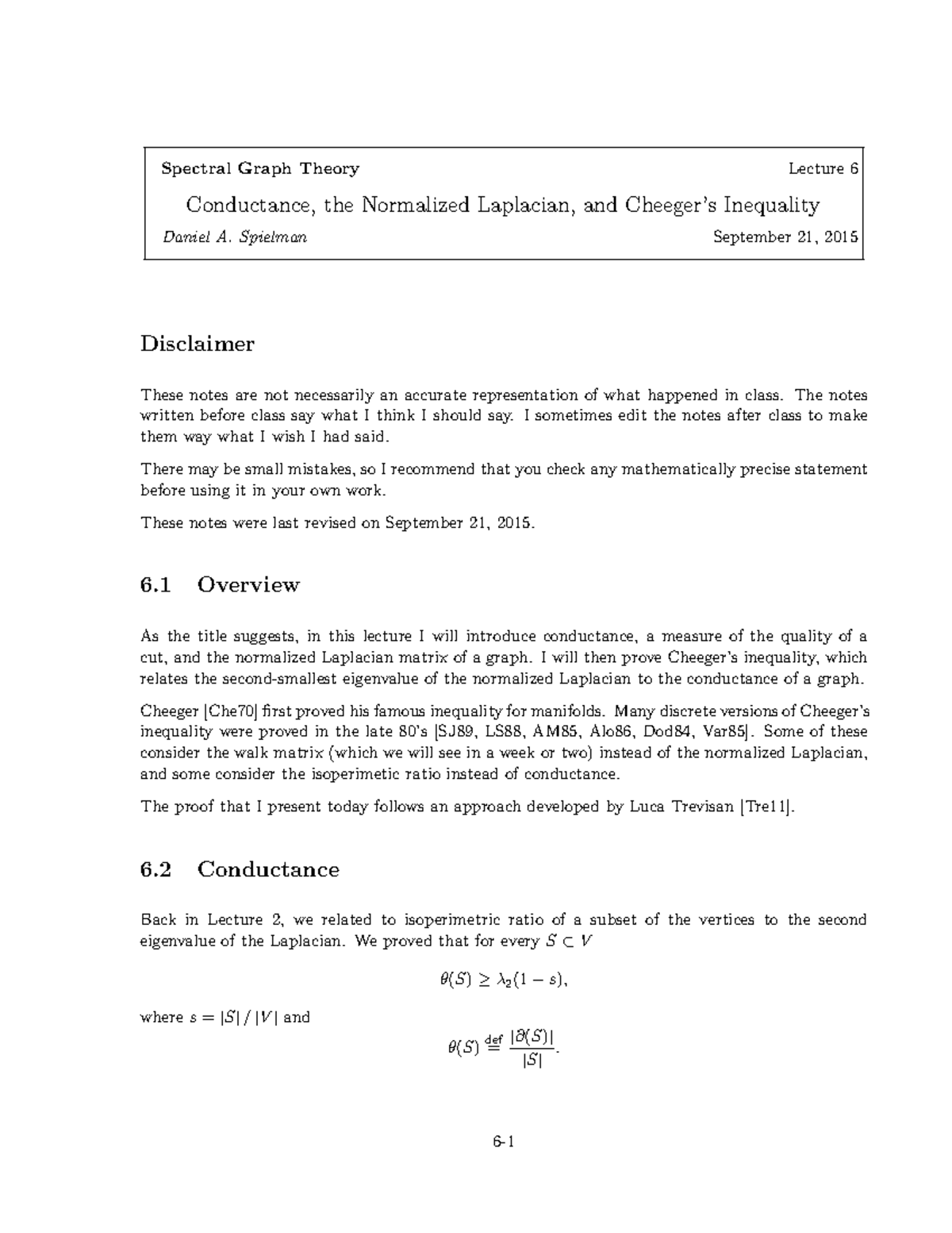 Lect06-15 - Ksldjd - Spectral Graph Theory Lecture 6 Conductance, the ...