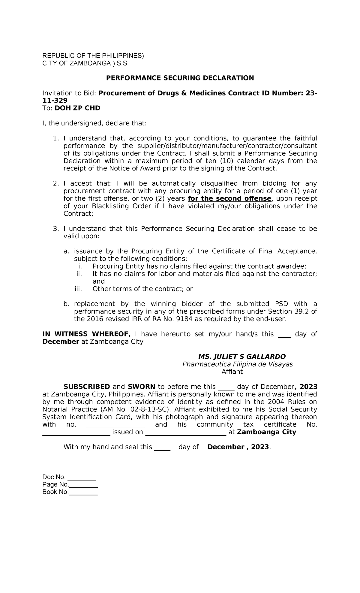 Performance Securing Declaration(Revised) - REPUBLIC OF THE PHILIPPINES ...