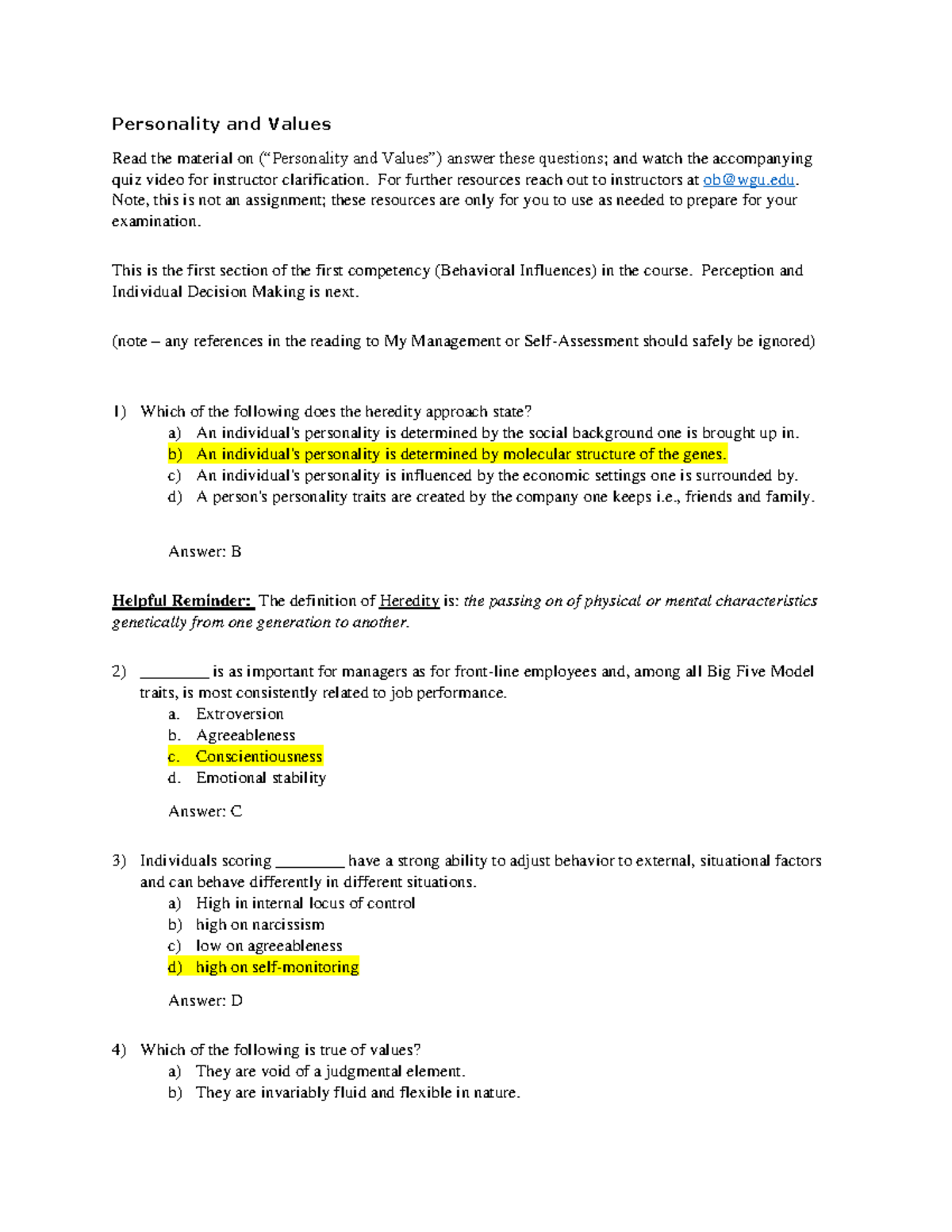 Pesonality and values multiple choice questions - Personality and ...