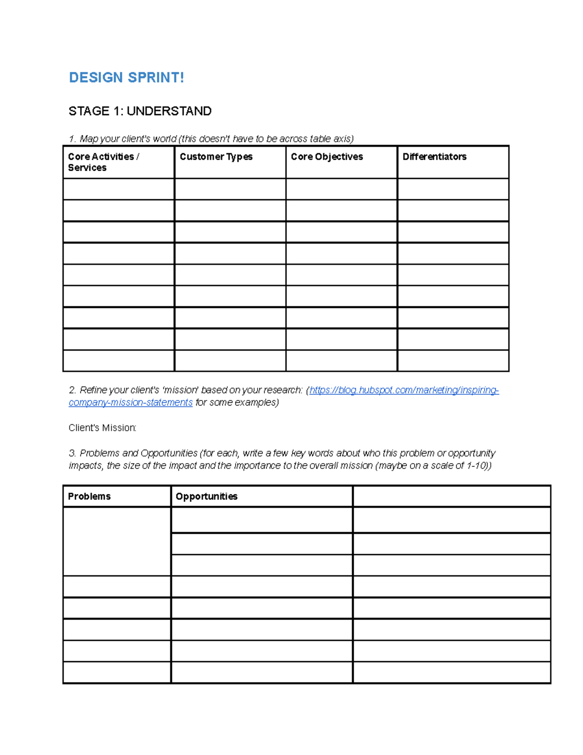 Sprint - Template - DESIGN SPRINT! STAGE 1: UNDERSTAND Map your client ...