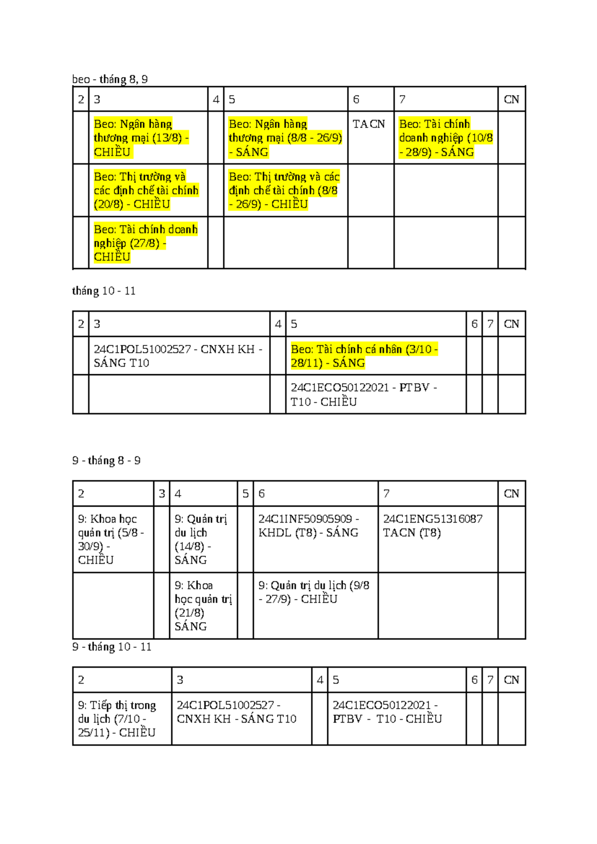 TKB HK3 - sdfsd - beo - tháng 8, 9 2 3 4 5 6 7 CN Beo: Ngân hàng thương mại (13/8) - CHIỀU Beo ...