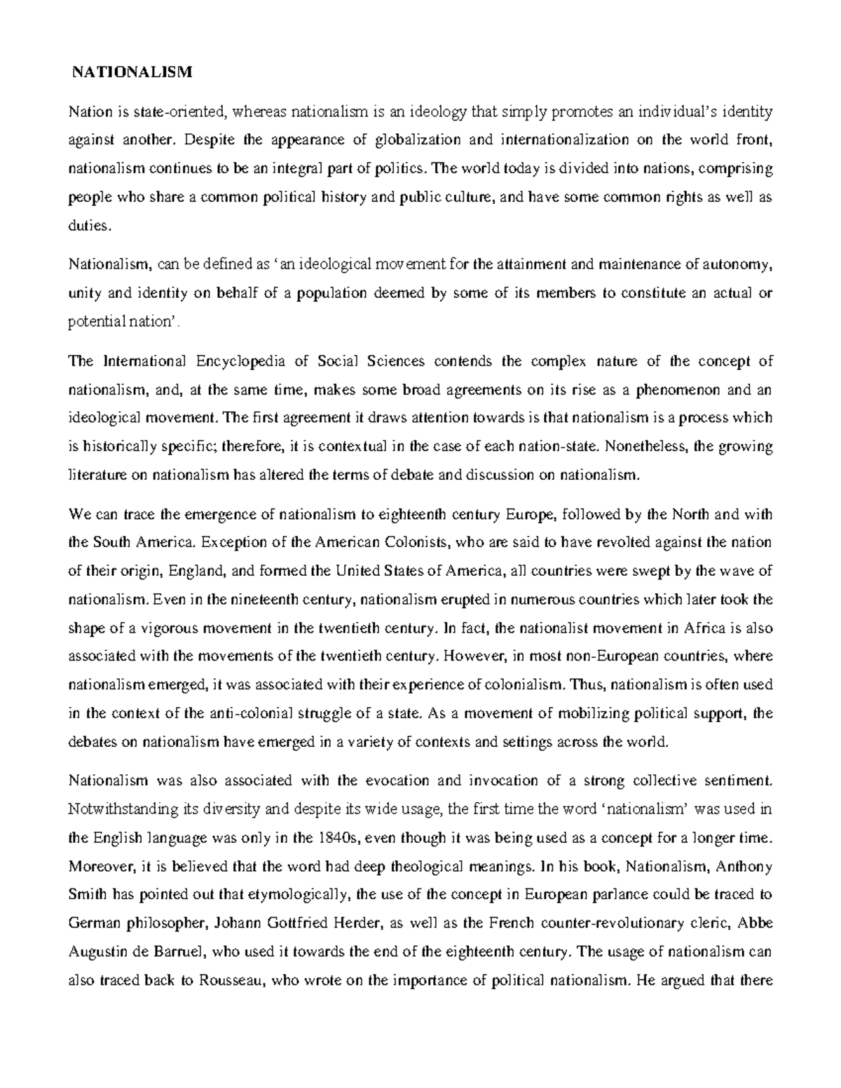 IR 3 (Nationalism) - Its lecture notes - NATIONALISM Nation is state ...