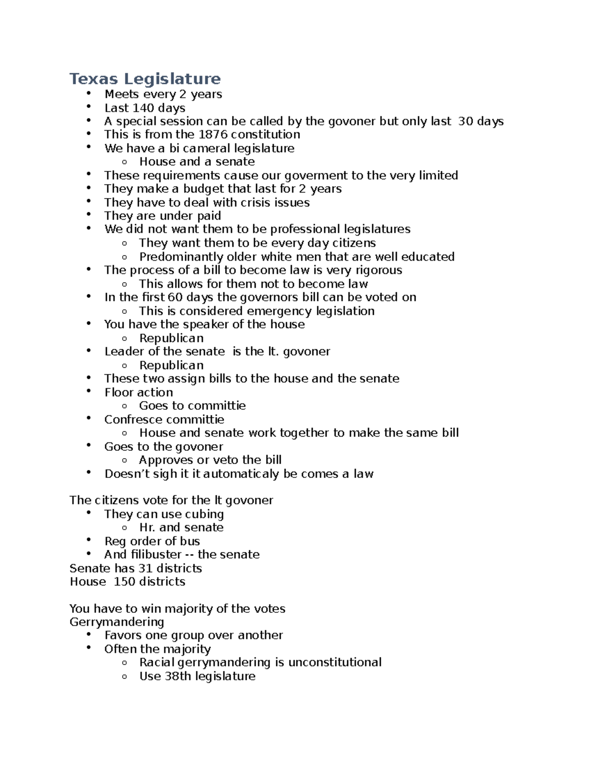 Texas Legislature - Lecture notes 9 - Texas Legislature Meets every 2 ...