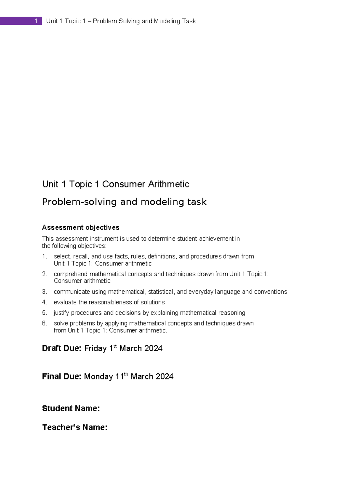 Unit 1 Topic 1 PSMT - Interest - Unit 1 Topic 1 Consumer Arithmetic Problem-solving and modeling ...