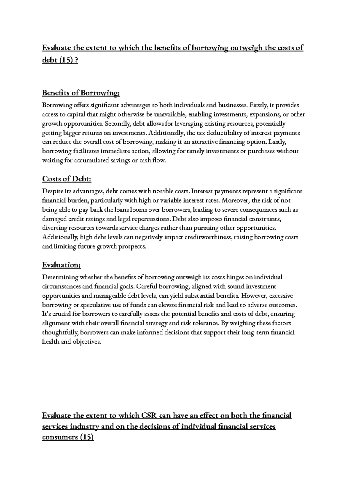 Finance non case study practice - Evaluate the extent to which the ...